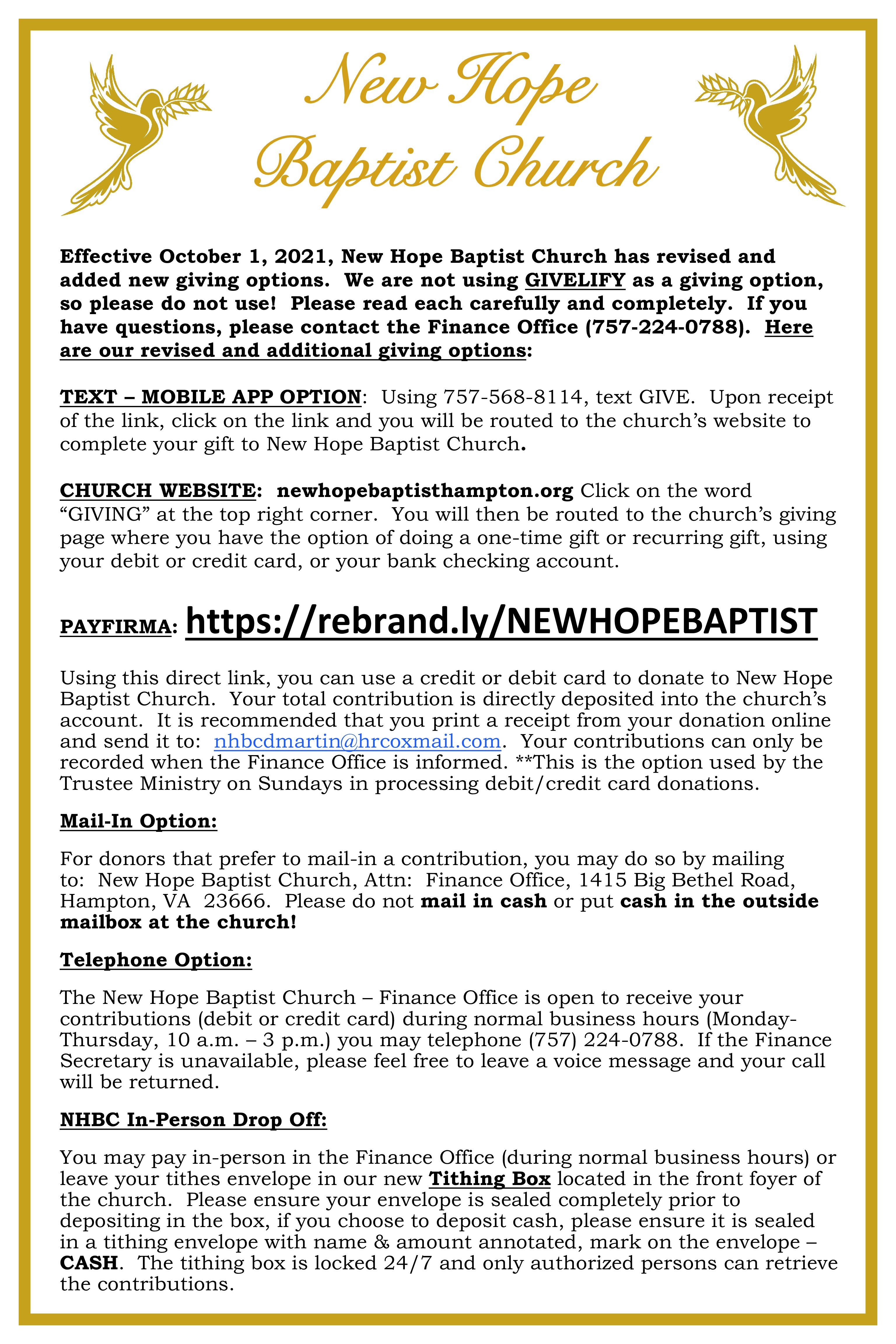 New Hope Baptist Church of Hampton VA » Giving Options
